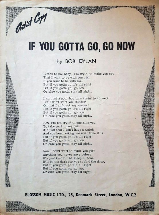 Bob Dylan Sheet Music If You Gotta Go, Go Now